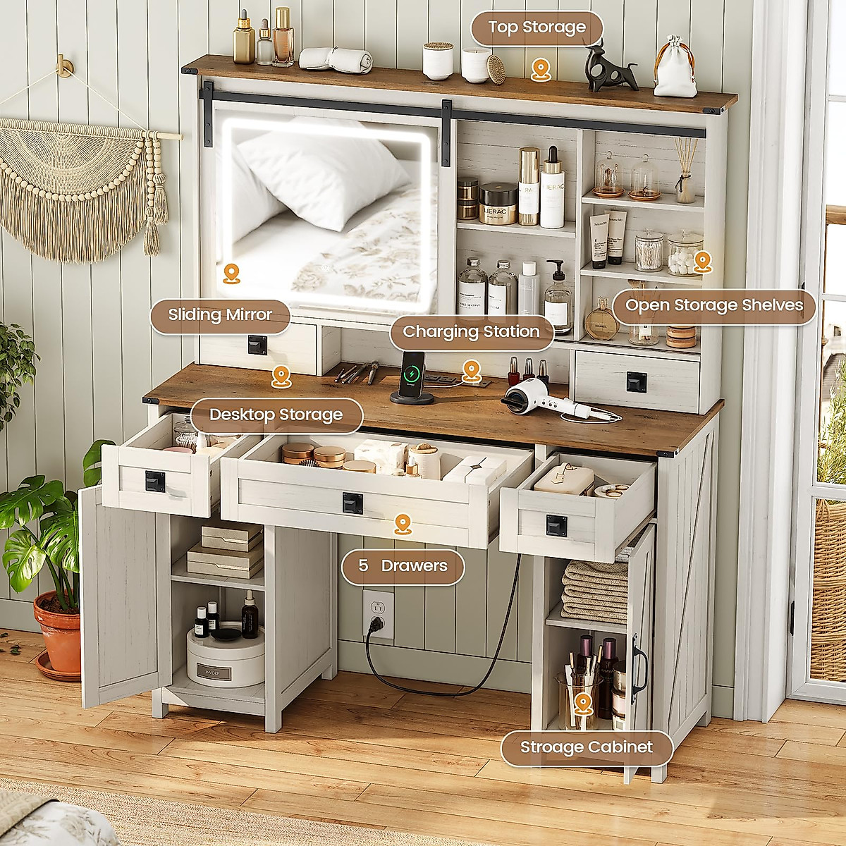 AOGLALTI Farmhouse Vanity Desk with Mirror and Lights, Makeup Vanity with Lights & Charging Station, Large White Vanity Table with Ample Storage Space and Sliding Mirror (White)