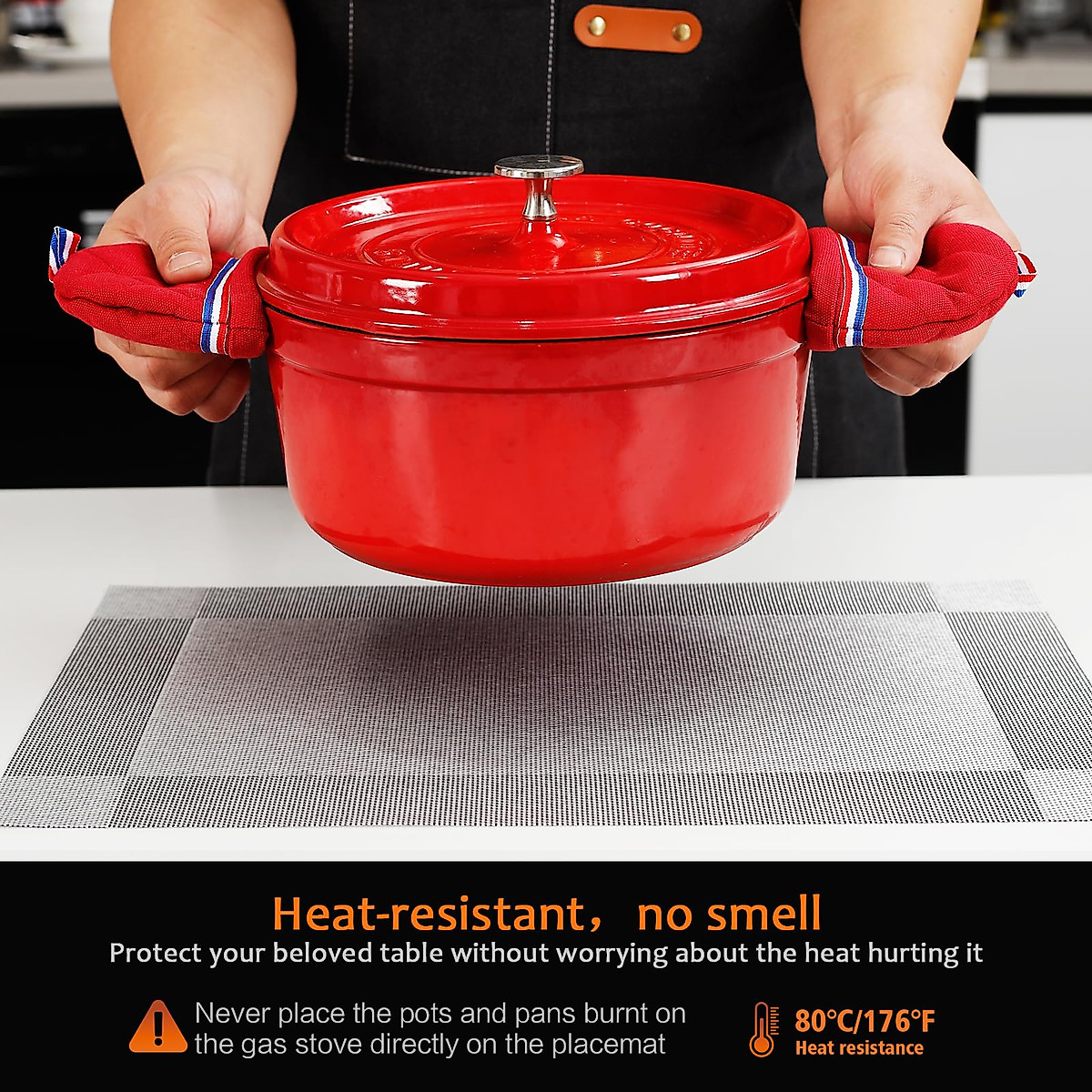 Uolr Table Mats Set of 6 Grey Washable& Wipeable Plastic Placemats for Kitchen Indoor Outdoor Heat Resistant Non Slip Woven Vinyl Table Placemats Protect Dining Table Silver Place mats (Grey)