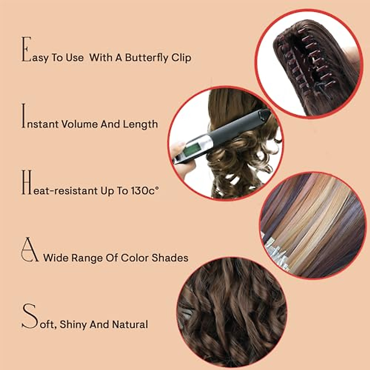 CAISHA 2 IN 1 Ponytail 12" Or 14" Hairpiece Clip On Extension Voluminous Wavy Medium Brown H22-2