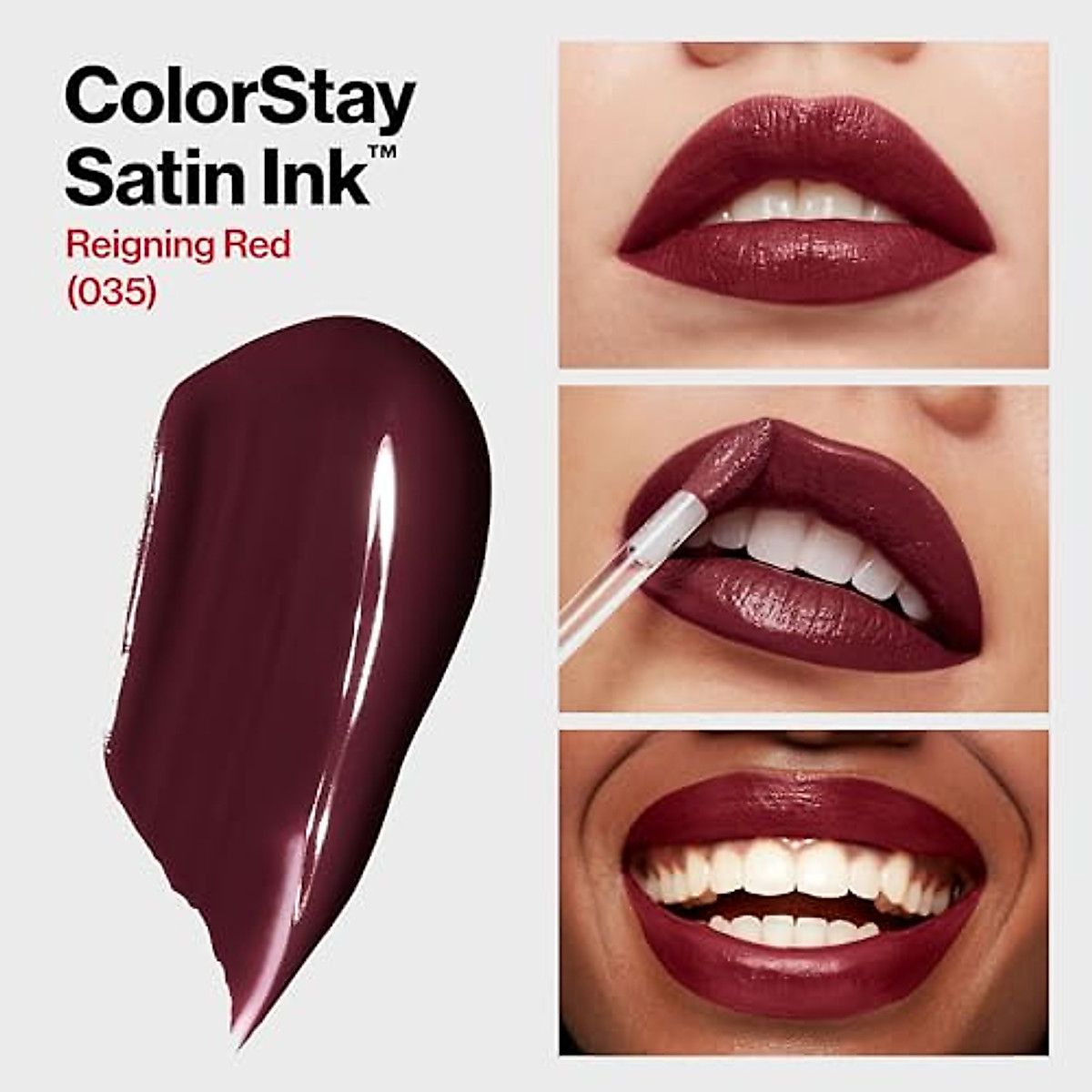 REVLON ColorStay Satin Ink Crown Jewels Liquid Lipstick, Longlasting & Waterproof Lipcolor, Moisturizing Creamy Formula Infused with Black Currant Seed Oil, 035 Reigning Red, 0.17 fl oz.