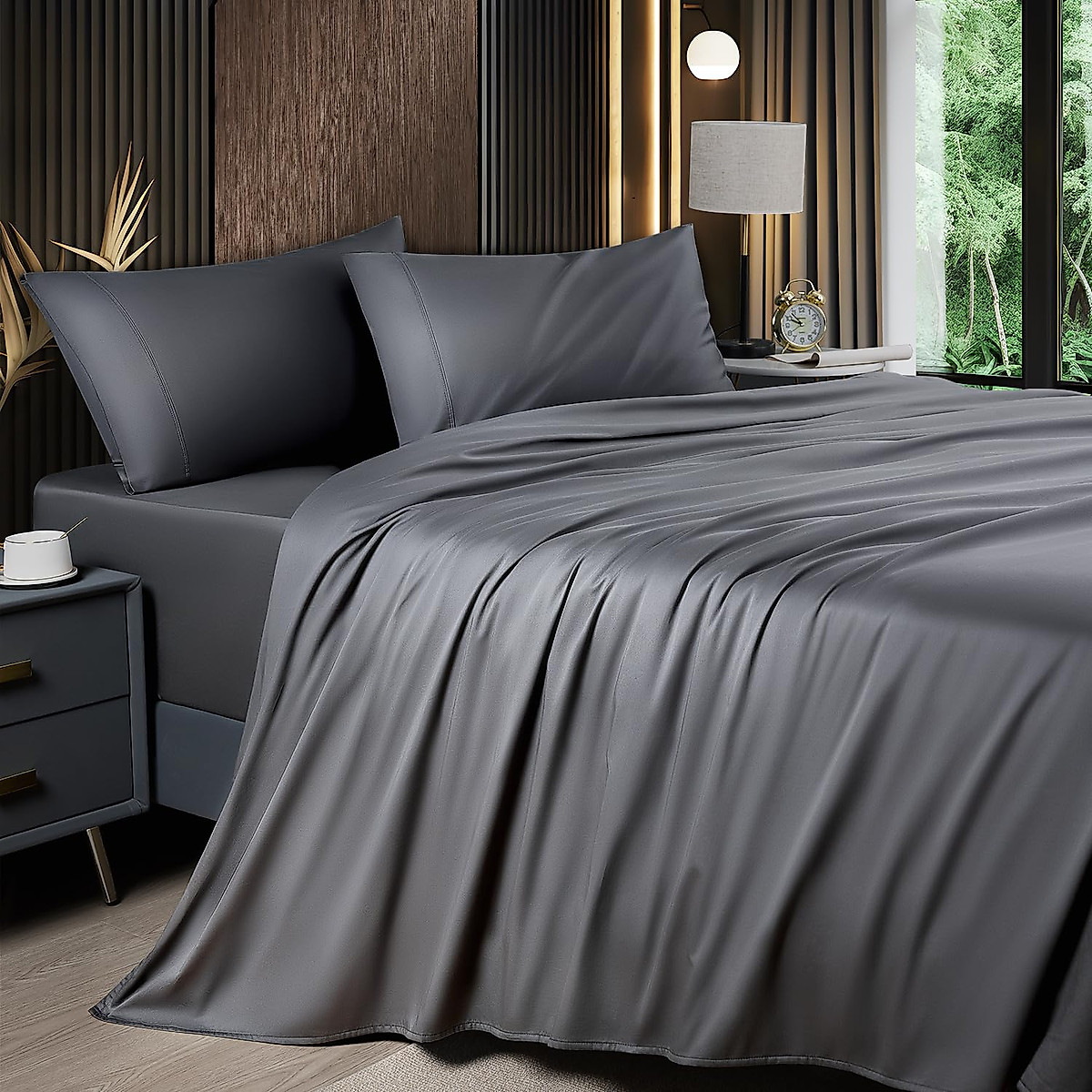 Shilucheng Cooling Breathable Bamboo Bed Sheets Set - King Size,1800 Thread Count Super Silky Soft with 16 Inch Deep Pocket, Machine Washable, 4 Piece (King,Dark Grey)