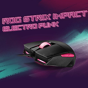 ASUS ROG Strix Impact II Electro Punk is an ambidextrous, Ergonomic Gaming Mouse Featuring 6,200 dpi Optical Sensor, Lightweight Design and Aura Sync RGB Lighting