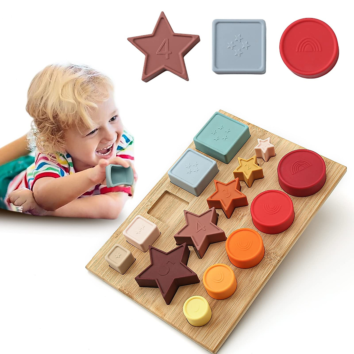 ibwaae Soft Silicone Stacking Toys Set 15 Pcs Natural Rainbow Color Nesting Cups and Silicone Stacking Cups Montessori Toy for Baby（Wooden Base）