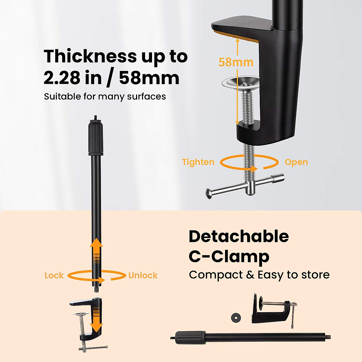TARION Desktop Light Stand with 1/4" 3/8" Screws for Ring Light Tabletop Mount L Shape Clip Stand Adjustable 14-25in/35-64cm for Live Streaming Photograpghy Videograpghy Film Shooting Virtual Meetings