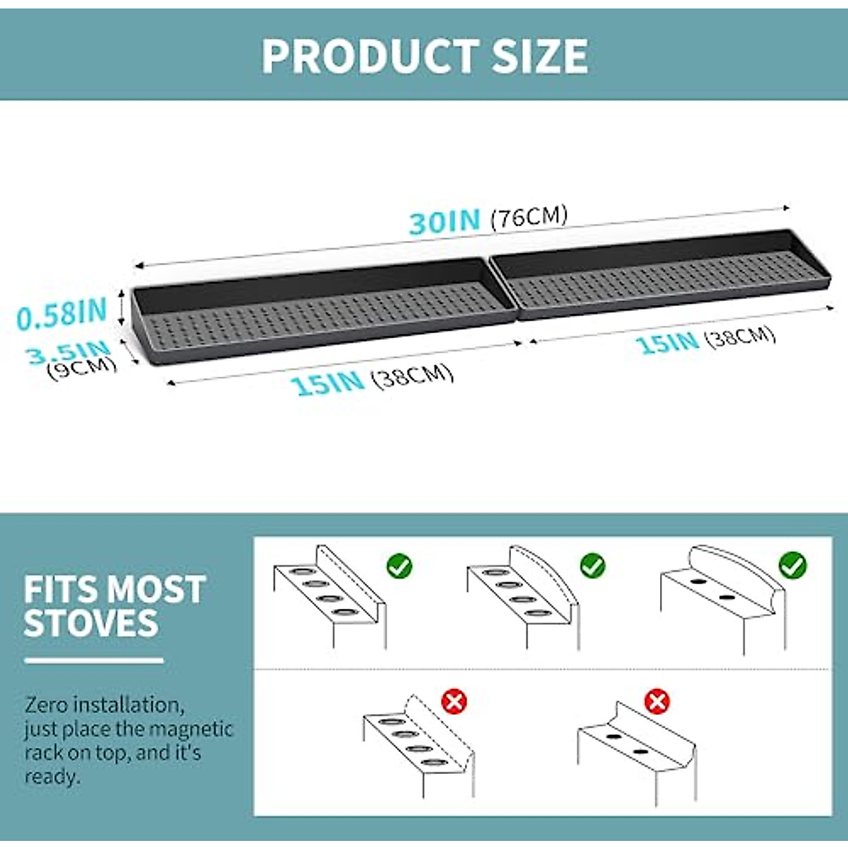 30" Stove Top Spice Rack,Silicone Top Heat Material Magnetic Stove Top Shelf Zero Installation Flexible Spice Organizer Containers Kitchen Shelf Gadgets with 2 Functional Prtitions for Kitchen Storage
