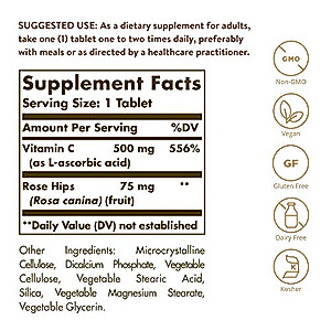 Solgar Vitamin C 500 mg with Rose Hips, 250 Tablets - Antioxidant & Immune Support - Overall Health - Supports Healthy Skin & Joints - Non GMO, Vegan, Gluten Free, Dairy Free, Kosher - 250 Servings