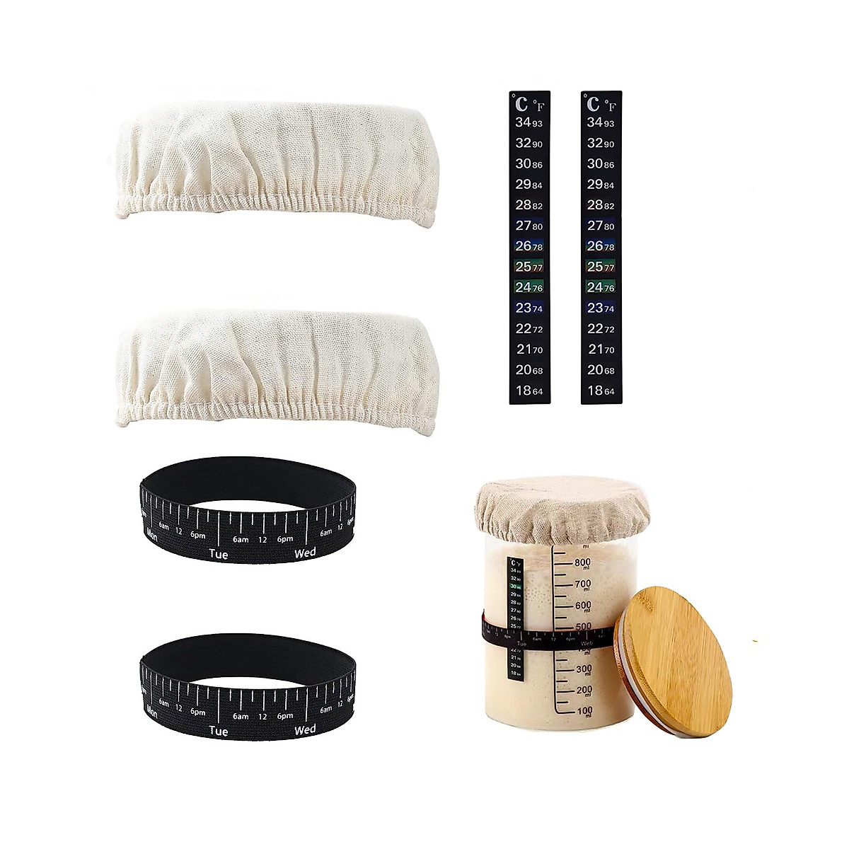 Replacement Set for Sourdough Starter Jar Kits with Cloth Cover, Temperature Gauge, and Date Bands - Upgrade Your Fermenting Experience