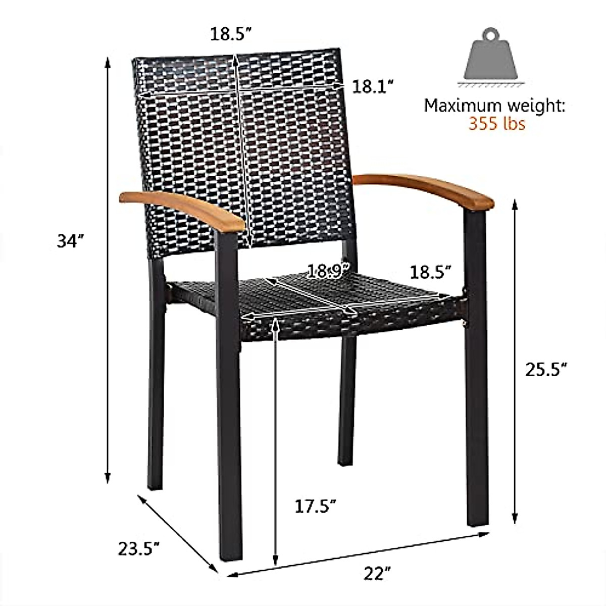 RELAX4LIFE Patio Rattan Dining Chairs Set Wicker Chairs with Steel Frame, Acacia-Covered Armrests Fire Pit Chairs for Porch, Poolside, Balcony, Lawn Indoor&Outdoor Furniture Armrest Chairs Set (4)