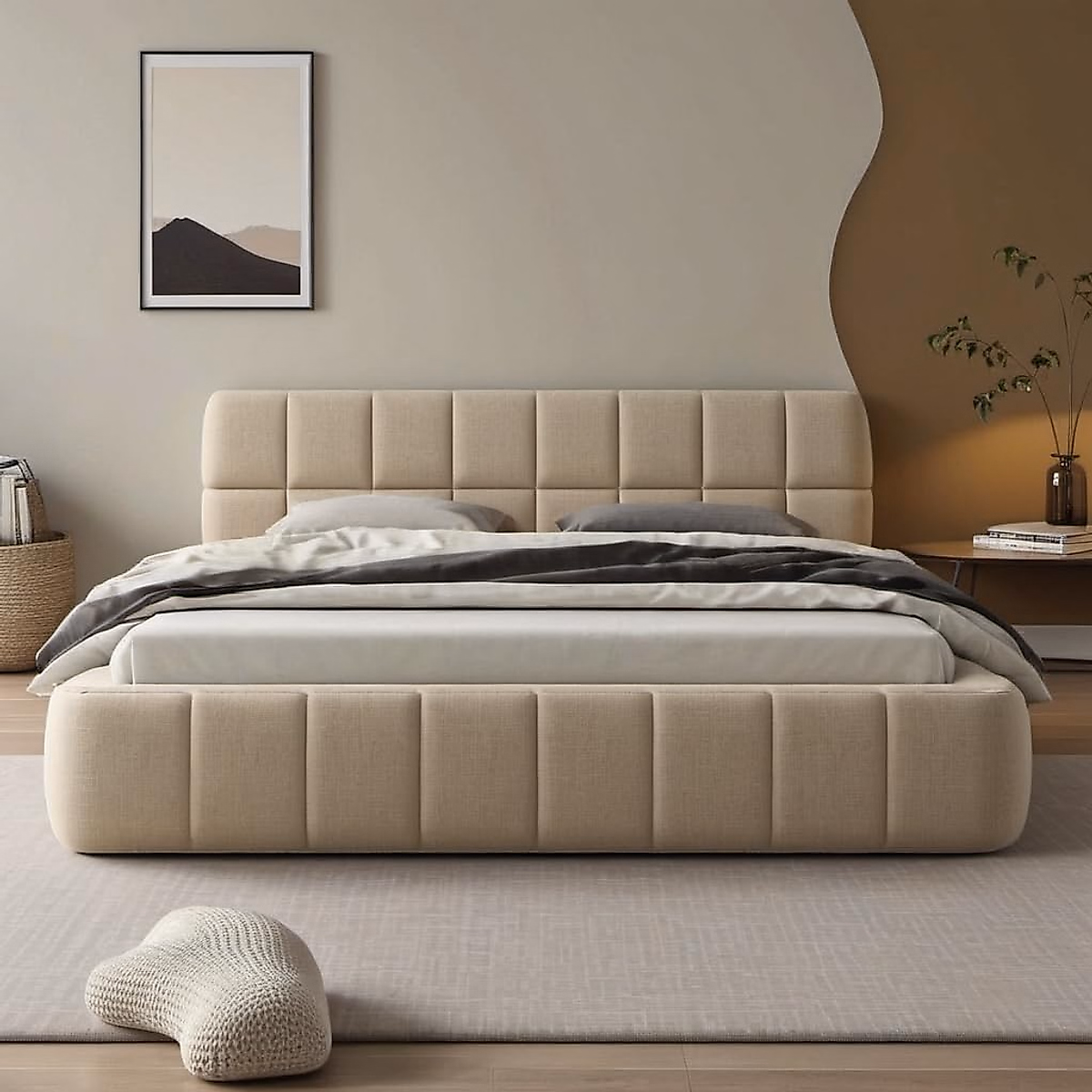 DNYN Full Size Upholstered Platform Bed with Thick Fabric for Kids/Adults,Solid Wood Bedframe w/Wood Slat Support for Small Space,Bedroom,Apartment,Easy Assembly & No Box Spring Needed, Beige