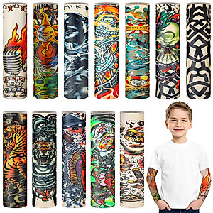 12 Pieces Tattoo Arm Sleeves for Kids Temporary Kids Tattoo Sleeve UV Sun Protection Kids Arm Sleeves (Funny Pattern)