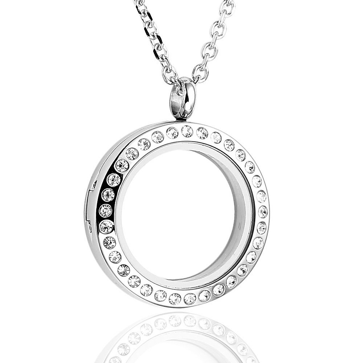 Jovivi 30mm Living Floating Memory Glass Locket Necklace - Stainless Steel Round Crystals Buckle Closure