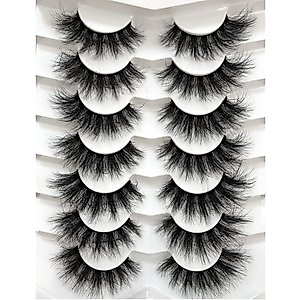 Pooplunch False Eyelashes Fluffy Mink Lashes Cat-Eye Look 18MM Wispy Long 8D Volume Fake Eyelash Strips 7 Pairs Pack