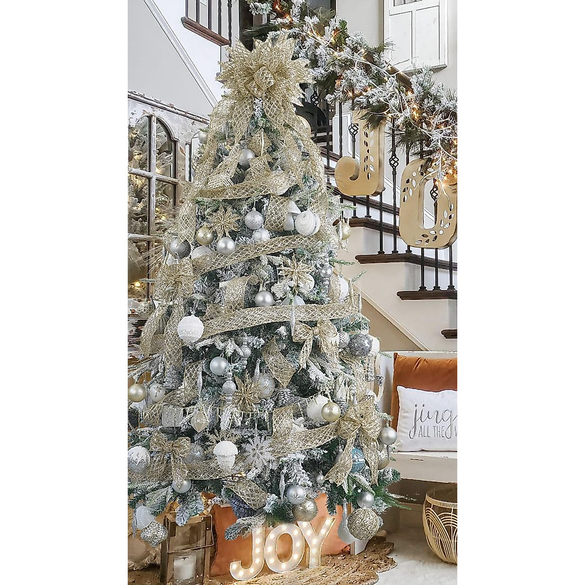 HUIHUANG Champagne Wired Ribbon 2-1/2", Glitter Diamond Wire Edge Ribbon Champagne Gold Christmas Ribbon for Holiday Tree, Bows Making, Wreath Supplies, Garland, Home Decor, Crafts -10 Yards