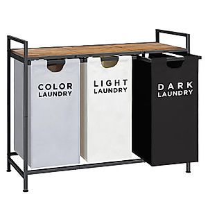 Ollieroo Laundry Hamper,Rolling Laundry Sorter 3 Section,Large Capacity Laundry Basket with Shelf,Laundry Room Organization with 3 Pull-Out and Removable Bags for Bathroom, Laundry Room,Mixed Color