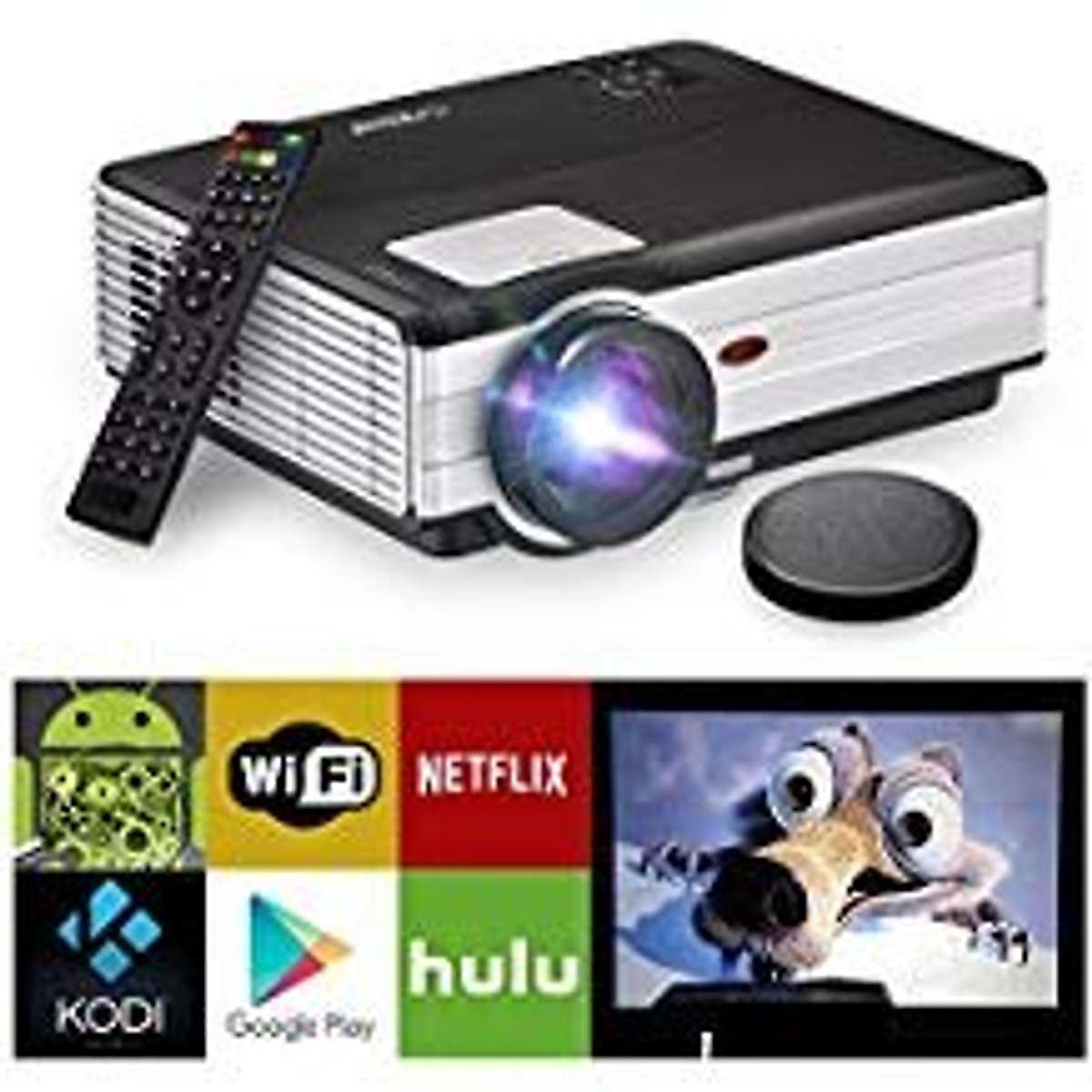 HD LCD Wireless WiFi Video Projector Smart Android OS, Support 1080P Airplay Screen Mirror Apps Google Player HDMI USB, 3500lumens Home Theatre Projector Outdoor Entertainment, inbuilt 10W Speaker