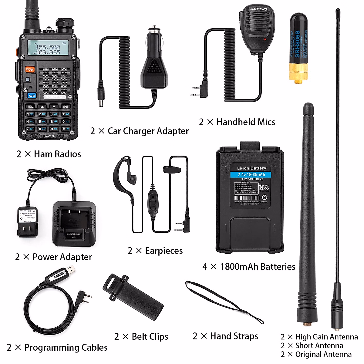 BAOFENG Ham Radio, UV-5R Pro 8W Walkie Talkies, Handheld Dual Band Two Way Ham Radios Long Range with Rechargeable Battery, Earpieces, Mic, Antenna and Programming Cable (2 Pack)