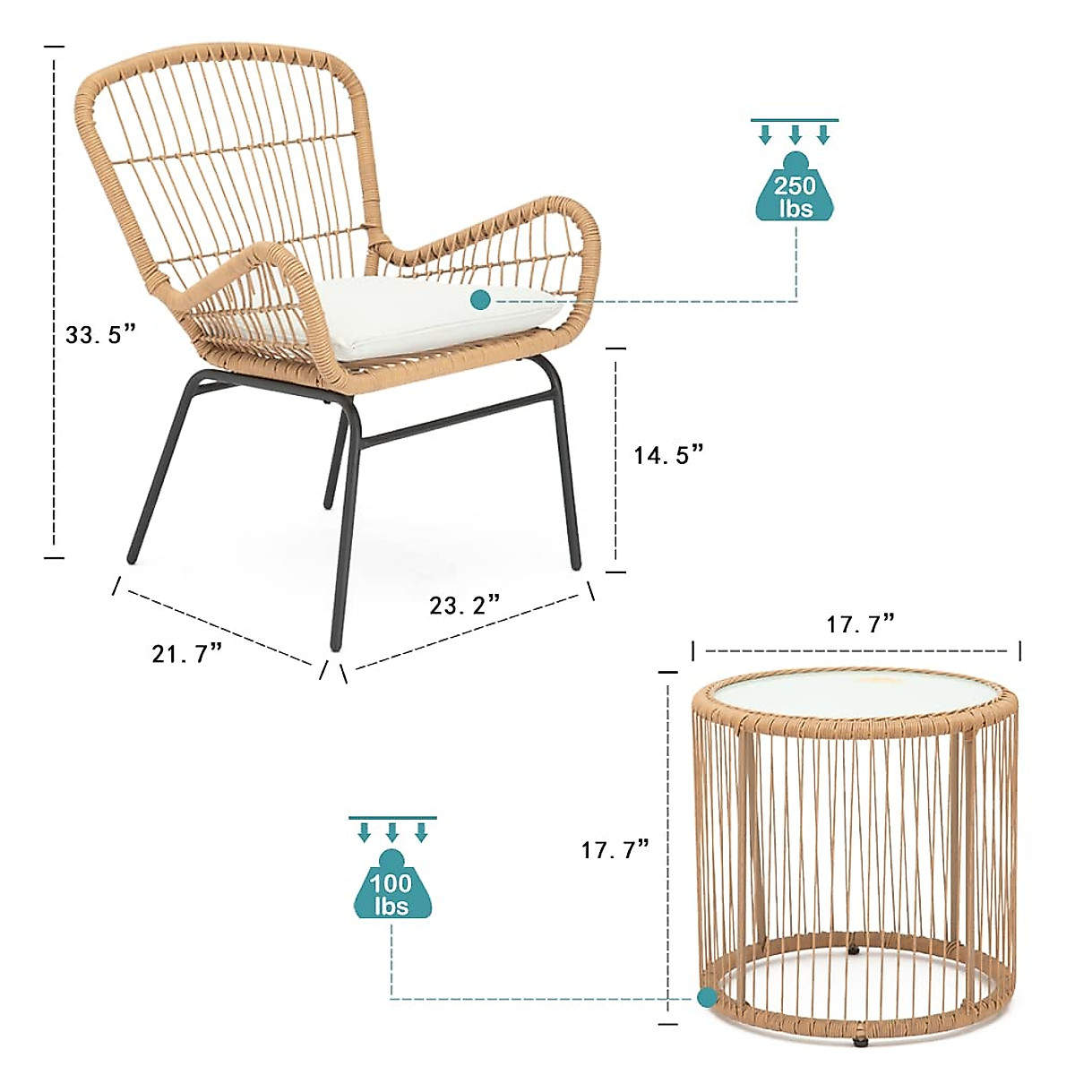Livavege 3 Piece Patio Furniture Outdoor Wicker Balcony Bistro, Weather Rattan Conversation Chairs Set with Glass Top Table and Soft Cushions for Backyard, Pool, Deck, Garden, Brown