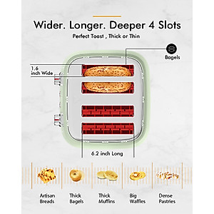 4 Slice Toaster, Extra Wide Slots, Longdeem Retro Stainless Steel Toasters, 6 Browning Options, Lift + Look, Auto Shut Off & Frozen Function, Toast Fruit Bread, Bagel & Waffle, Pastel Green