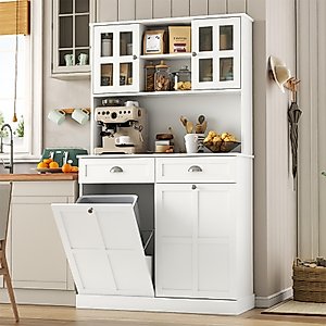 Kitchen Pantry Cabinet with Double Tilt Out Trash Cabinet, 68" Tall Kitchen Storage Cabinet with 2 Drawers & Hutch, 20 Gallon Hidden Trash Can Cabinet, Kitchen Cupboard with Microwave Coffee Stand