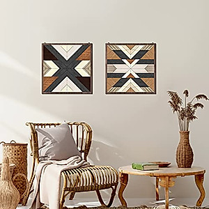 Qunclay 4 Pieces Wood Wall Art Wooden Aztec Wall Decor Boho Western Wall Decor Diamond Sign Farmhouse Home Wall Art Prints on Wood for Apartment Bedroom Living Room, 11.8 x 11.8 Inches