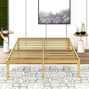 alazyhome Queen Size Bed Frame 14 Inch Metal Platform Bed Frame Heavy Duty Steel Slats Support No Box Spring Needed Noise-Free Easy Assembly Gold