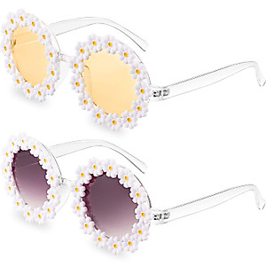 2 Pairs Daisy Flower Sunglasses for Women Round Flower Glasses for Adult kids Decor with Glasses Cloth Flannel Bag (Grey, Yellow)