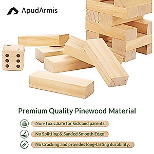 ApudArmis 60 PCS Giant Tumble Tower, (Stack up to 5Ft) Pine Wooden Stacking Timber Game with 1 Dice Set - Classic Block Giant Outdoor Game for Kids Adults Family