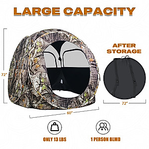 Hunting Blind 1 Person, 270 Degree See Through Pop up Ground Blinds for Deer Turkey Duck Hunting, Bow Hunting Accessories, Double Side Zipper Window(Camouflage-White)