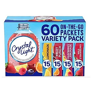 Crystal Light Sugar-Free, Lemonade, Fruit Punch, Raspberry Lemonade and Wild Strawberry On-The-Go Powdered Drink Singles Mix Variety Pack, 60 Count, Each Packet Dissolves into any 16.9 oz