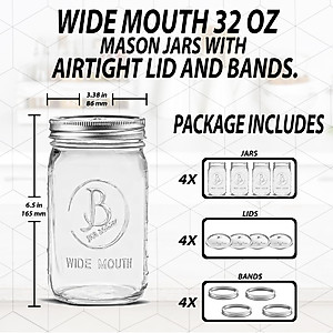 Wide Mouth Mason Jars 32 oz - (4 Pack) - Clear Glass Quart Mason Jars With Airtight Lids and Bands. For Storage, Canning, Fermenting, Meal Prep, Cold Brew Coffee, Freezing, Microwave & Dishwasher Safe