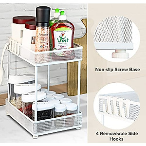 SZJHXIN Under Sink Organizers and Storage,Kitchen Bathroom Cabinet Organizer and Storage,2 Tier Metal Under Cabinet Basket Storage Shelf with 4 Hooks,Under Sink Cabinet Storage Organizer(White)