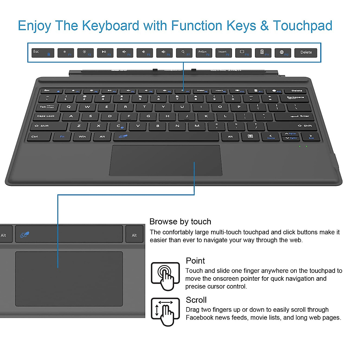 Arteck Microsoft Surface Pro Type Cover, Ultra-Slim Portable Bluetooth Wireless Keyboard with Touchpad Built-in Rechargeable Battery