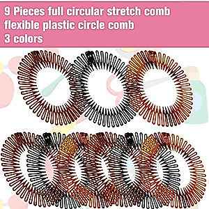 Shappy 9 Pieces Full Circular Stretch Comb Flexible Plastic Circle Comb Stretch Hair Comb Headband Hairband Holder for Women Girls, 3 Colors