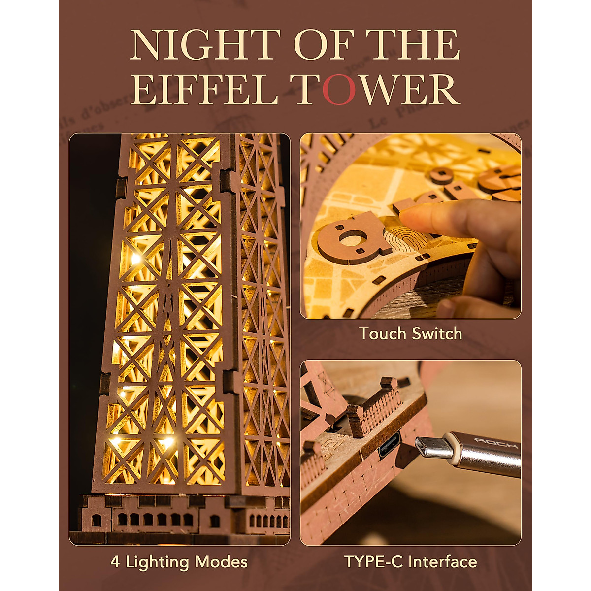 Rowood Eiffel Tower,3D Puzzle Model Kits for Adults,DIY 3D Wooden Puzzles for Adults,Builing Set with LED,Home Decoration Festival Gift Idea