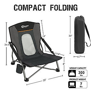 PORTAL Beach Camping Folding Chairs for Adults Low Lightweight Portable Chair with Cup Holder High Mesh Back Carry Bag for Outdoor, Lawn, Sand, Travel, Picnic, Festival, Concert, BBQ, Sports, 300LBS