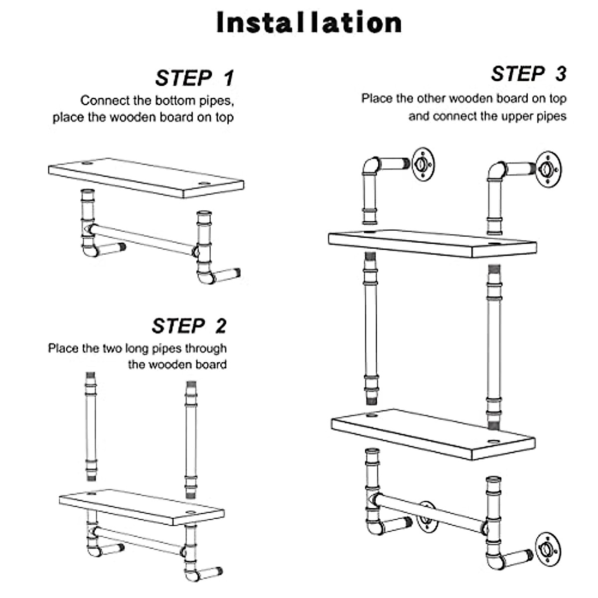 LoftPaipes Industrial Pipe Bathroom Shelf,White Rustic Wood Wall Mount Shelf with Towel Bar,24'' Black Matte Towel Racks,2 Tiered Metal Floating Shelves Shelving Iron Towel Holder