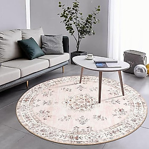 Lahome Machine Washable Round Rug 5Ft, Soft Boho Pink Round Area Rugs for Nursery and Girls Bedroom, Pastel Floral Ultra-Thin Non-Slip Circle Carpet for Living Room Indoor Floor Home Office Decor