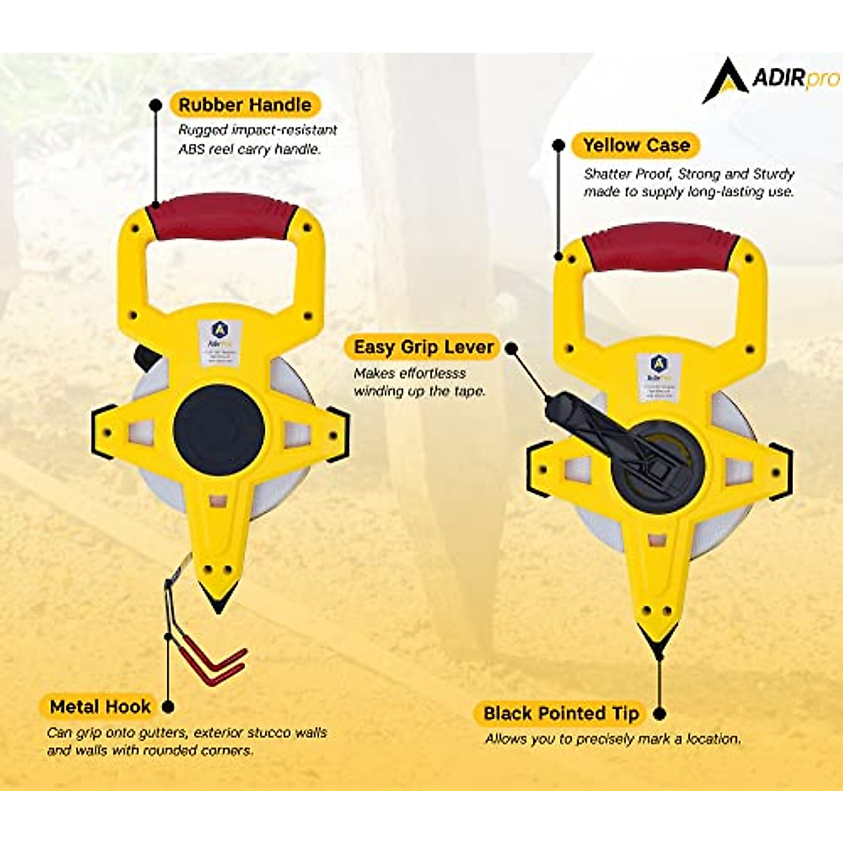 AdirPro Fiberglass 100' Appraiser’s Measuring Tape Tape Rule with Extra Large Metal End Hook for Precise Measurements, Perfect for Appraisers, Surveyors, Landscapers