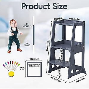 Kitchen Toddler Tower, Toddler Step Stool Learning Standing Tower with Whiteboard 2 in 1 Convertible Table and Chair, Removable Safety Rail, Widened Platforms for Kitchen Counter Bathroom Sink