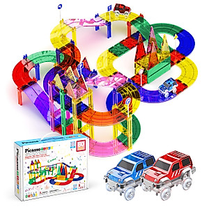 PicassoTiles 80 Piece Race Car Track Building Block Educational Toy Set Magnetic Tiles Magnet DIY Playset 2 Light Up Car STEM Learning Construction Kit Hand-Eye Coordination Fine Motor Skill Training