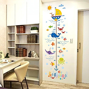 Wland 22 inches x 67 inches Undersea Fish Whale Octopus Crab Growth Chart Removable Vinyl Wall Decals Stickers for Children Room Nursery