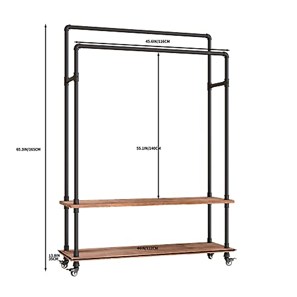 TEDIDUWA Industrial Pipe Clothing Rack,Industrial Clothing Rack with Shelf,Heavy Duty clothes rack on Wheels, Garment Rack Double Hanging Rods,For Bedroom, Lanudry room,Living room, Retail store