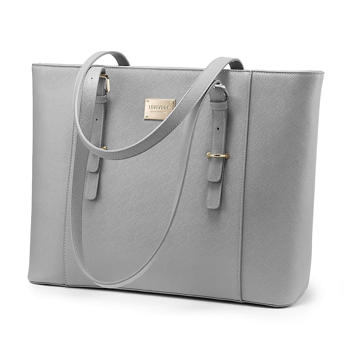 LOVEVOOK Laptop Bag for Women, Structured Leather Computer Bag, Professional Work Tote Purse, Teacher/Attorney’s Choice, Light-Grey