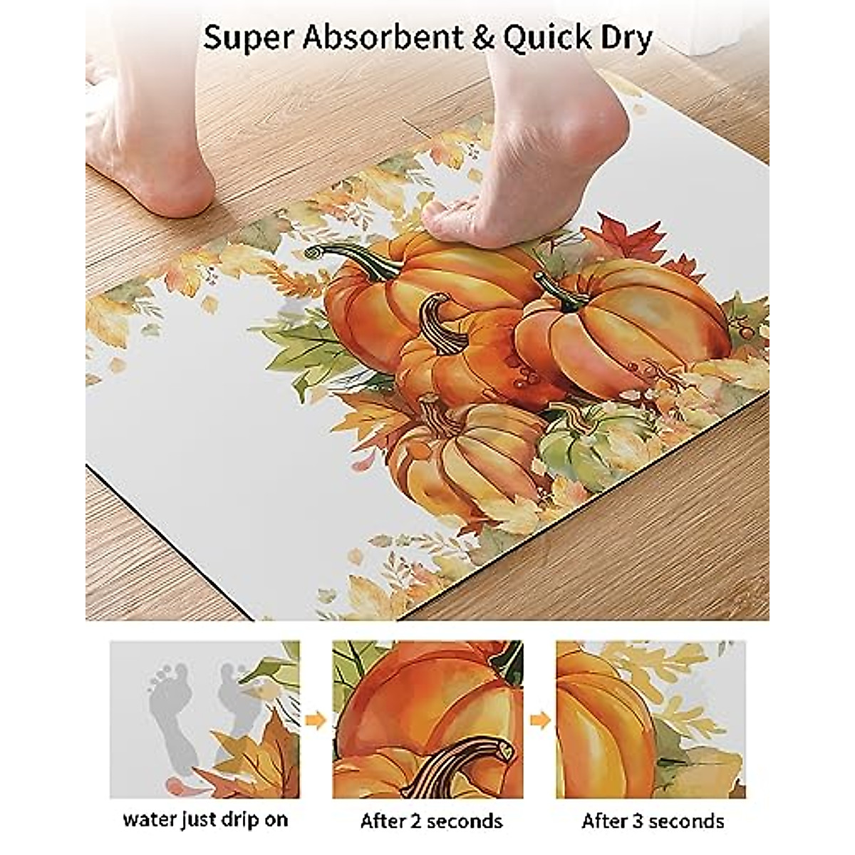 Autumn Pumpkins Bath Mat for Tub,Non Slip Bathroom Floor Runner Rug Quick Dry & Absorbent Diatomaceous Earth Kitchen Room Shower Sink Washable Doormat,Thanksgiving Eucalyptus Maple Leaves 18"x30"