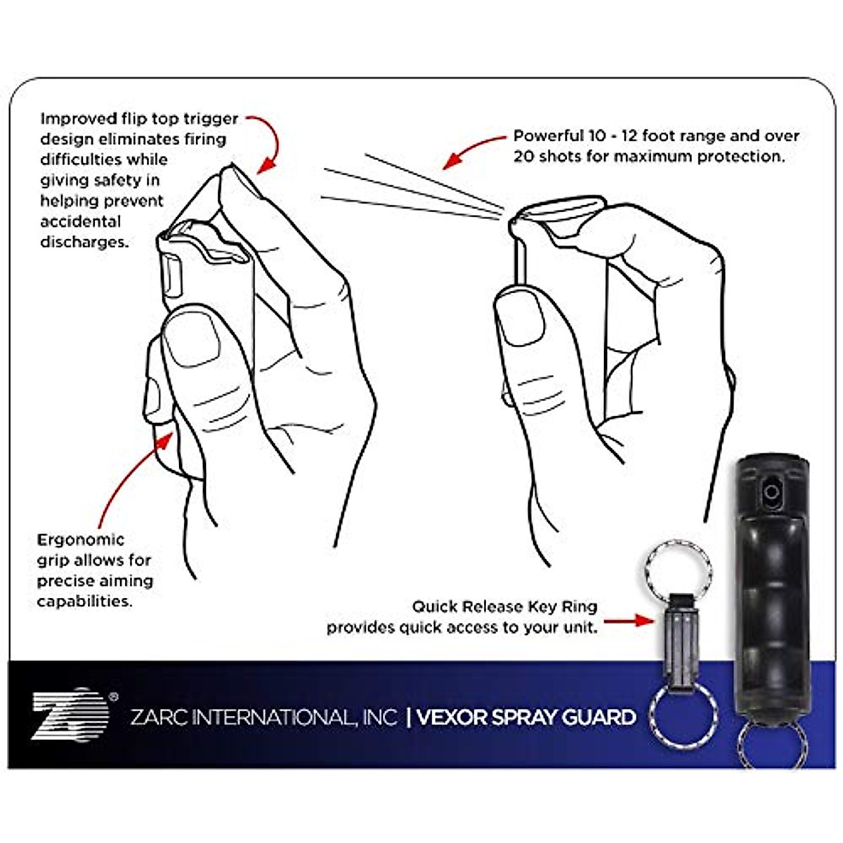 VEXOR Police Strength Pepper Spray, Flip-Top Finger Grip, 20+ Shots, 10-12 Ft. Range w/Key Release (Black)