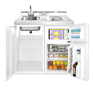Summit C39ELGLASS 39"" All-In-One Kitchenette with 2 Element Smooth-top Cooktop Refrigerator-Freezer Stainless Steel Sink and Storage Cabinet in White
