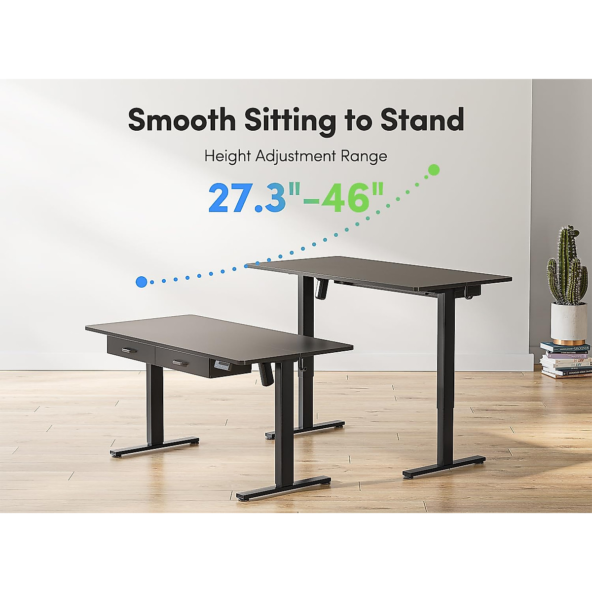 FEZIBO Adjustable Height Electric Standing Desk with Double Drawer, 48 x 24 Inches Stand Up Home Office Desk with Splice Tabletop, Black Frame/Black Top