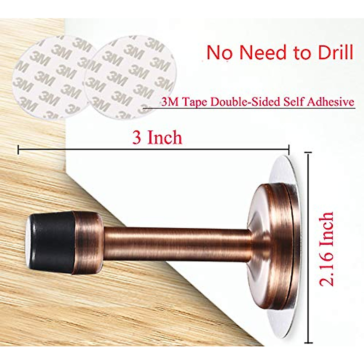 LemonHo No Drills or Screw in Wall Mounted Door Stopper 3M Self Adhesive Tape, Stainless Steel Doorstop with Rubber Bumper Tip Wall Guard Pack of 2 Commercial Door Stops, 3 Inches Height, Red Bronze