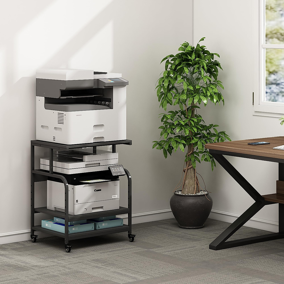 Fannova Printer Stand, 23.6 x18.9 x 29.5 Inches Large Printer Table with Adjustable Storage Shelf, 3 Tier Rolling Printer Cart with Wheels for Home Office, Stand for Heat Press Mini Fridge, Black