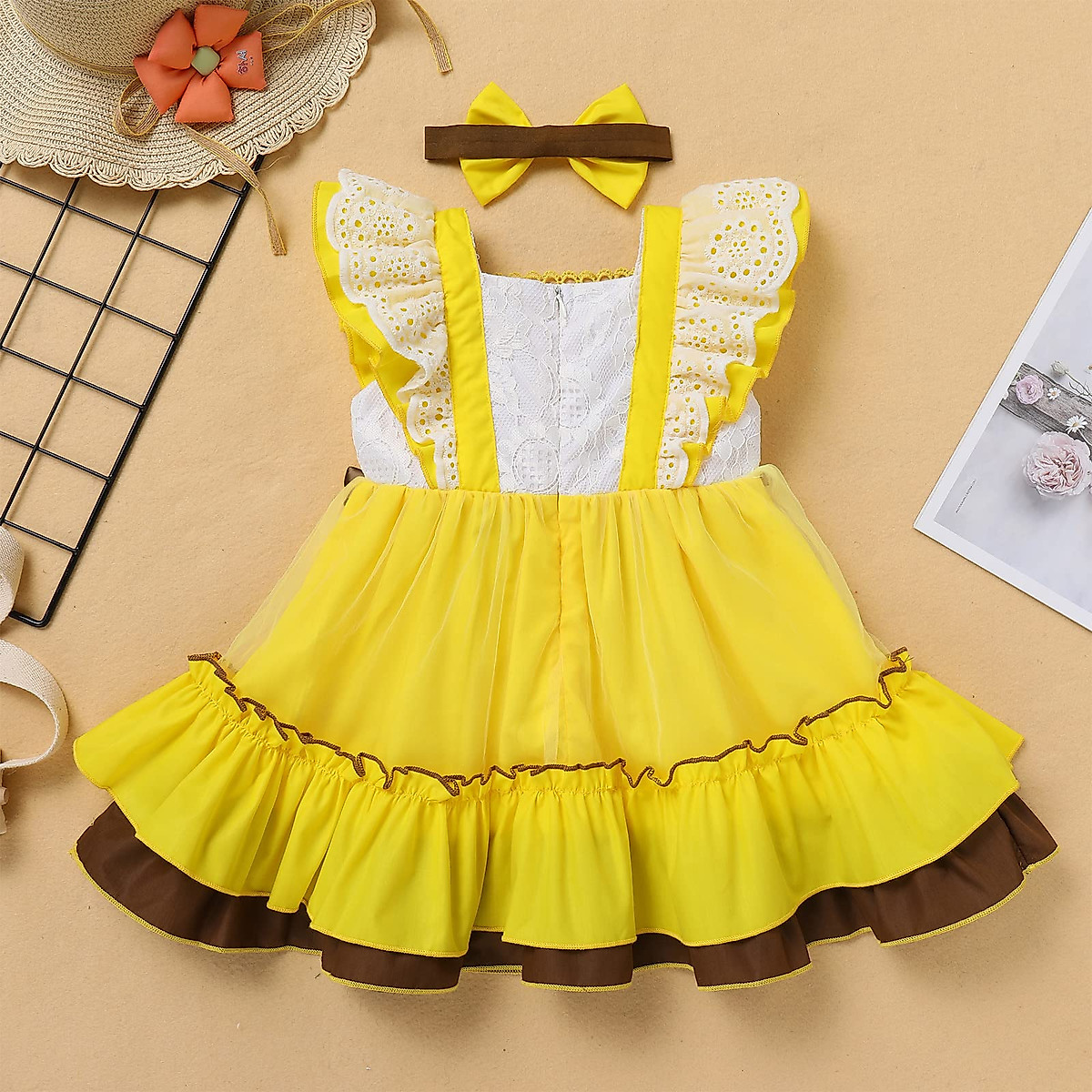 Toddler Baby Girl Ruffle Tutu Dress First Birthday Cake Smash Outfits Princess Polka Dot Bowknot Rainbow Floral Pageant Tea Party Dresses Baby Easter Baptism Dress Up Yellow Floral 12-18 Months